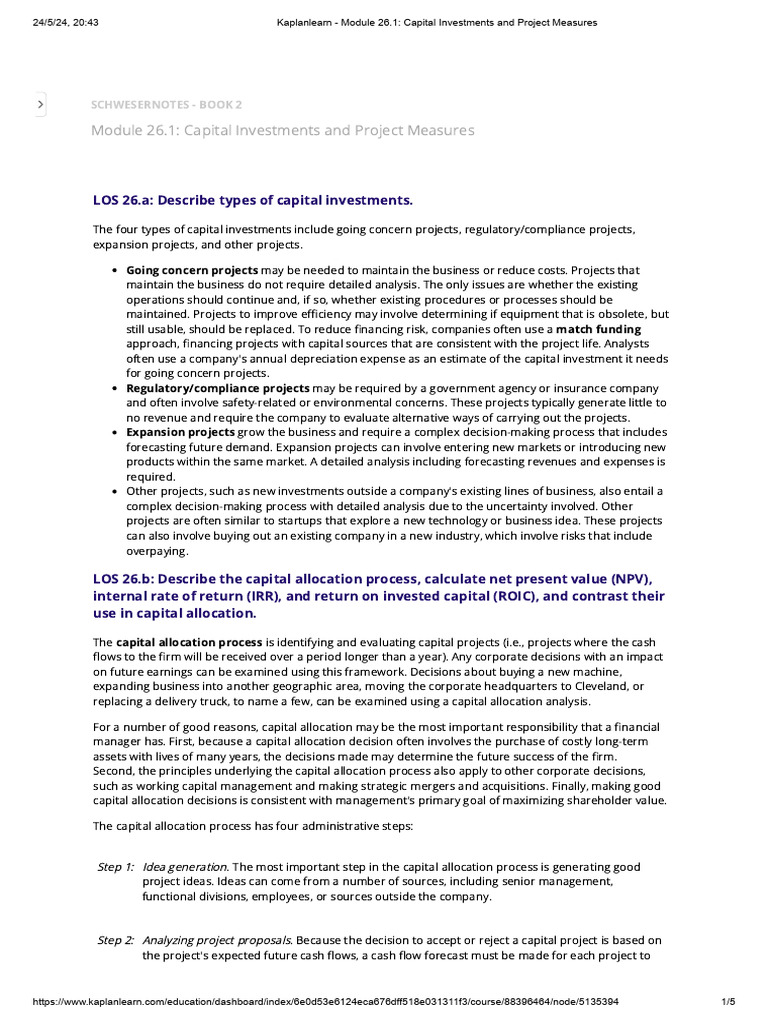 Kaplanlearn - Module 26.1 - Capital Investments and Project Measures | PDF