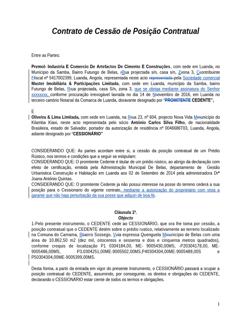 CONTRATO de Cessão de Posição Contratual OLIVEIRA&LIMA X MASTER ...