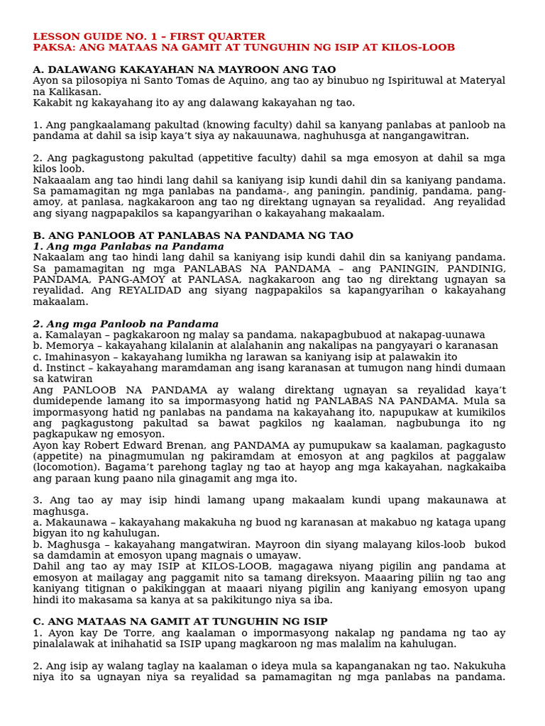 Lesson Guide 1st Quarter | PDF