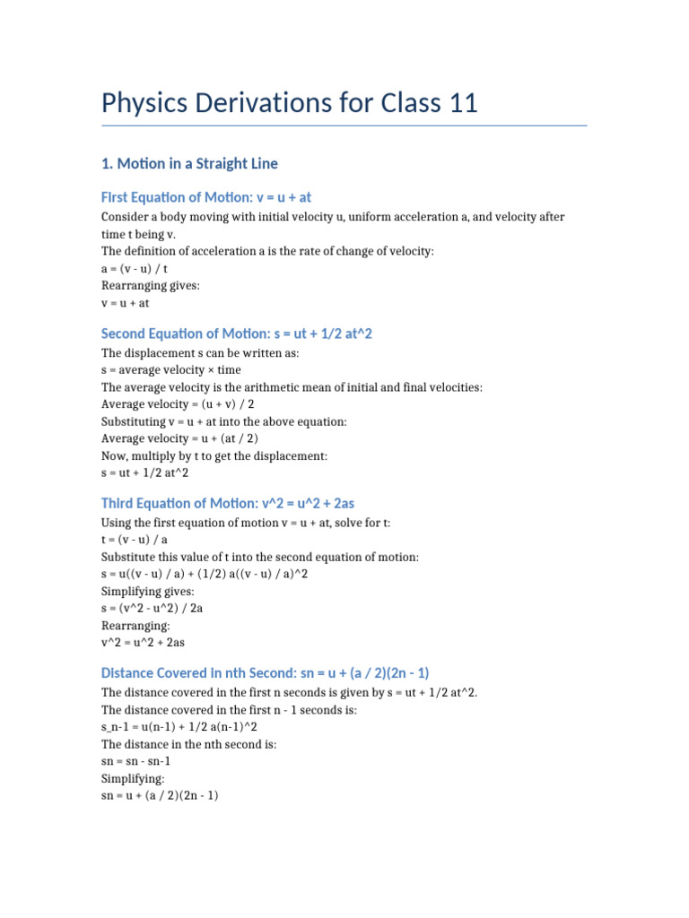 Class 11 Physics Derivations | PDF