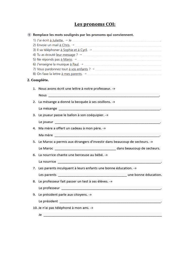 Les pronoms COI - Exercices | PDF