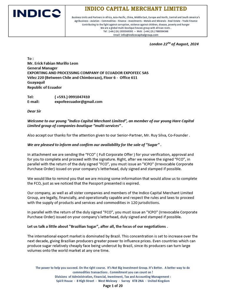 Indico Capital Merchant Limited - Cover Letter - Fco For Sugar Icumsa ...