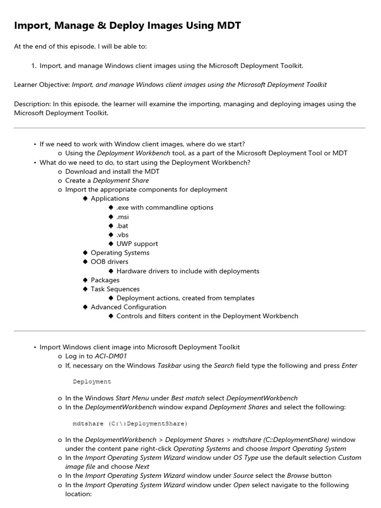Microsoft Md102a 3 2 1 Import Manage and Deploy Images Using MDT | PDF