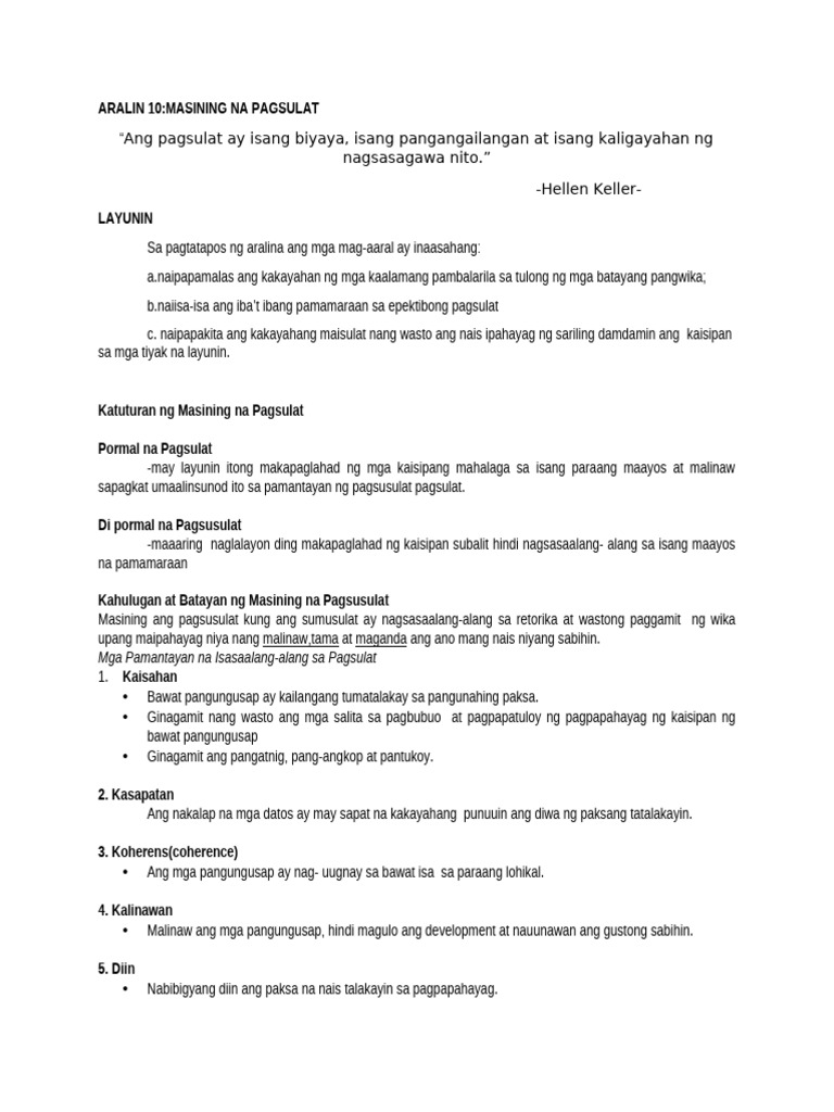 ARALIN 10 Pagsulat Aralin 11 Panonood | PDF