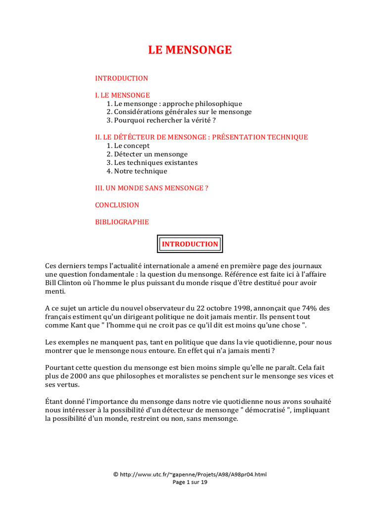 CONSIDERATIONS GENERALE SUR LE MENSONGE (19 Pages - 198 Ko) | PDF