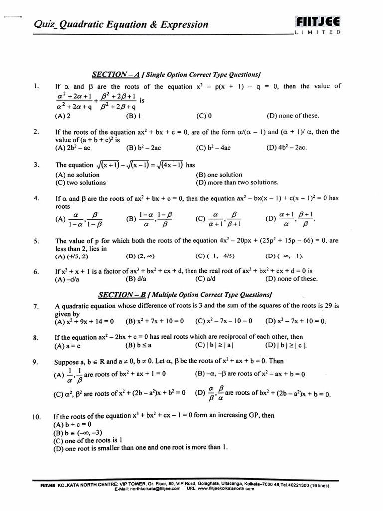 quadratic equations ws | PDF