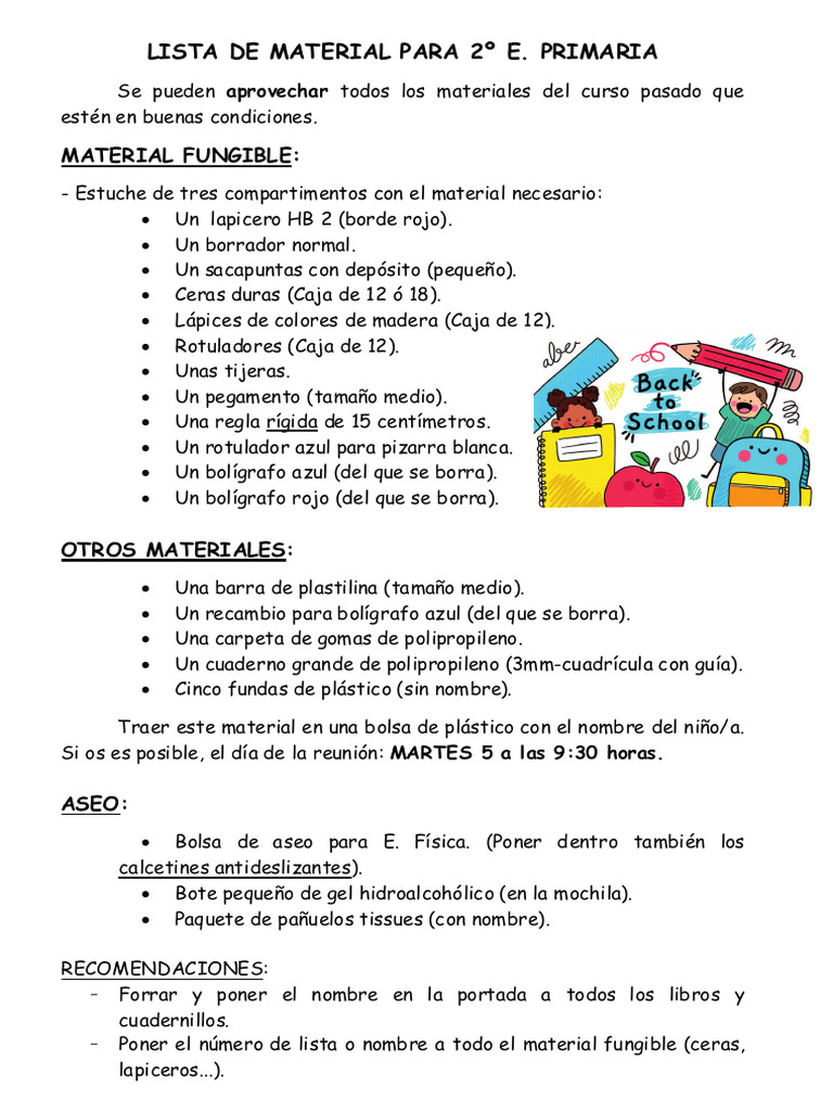 Lista de Material SEGUNDO 2023 2024.. | PDF | Hogar y jardín