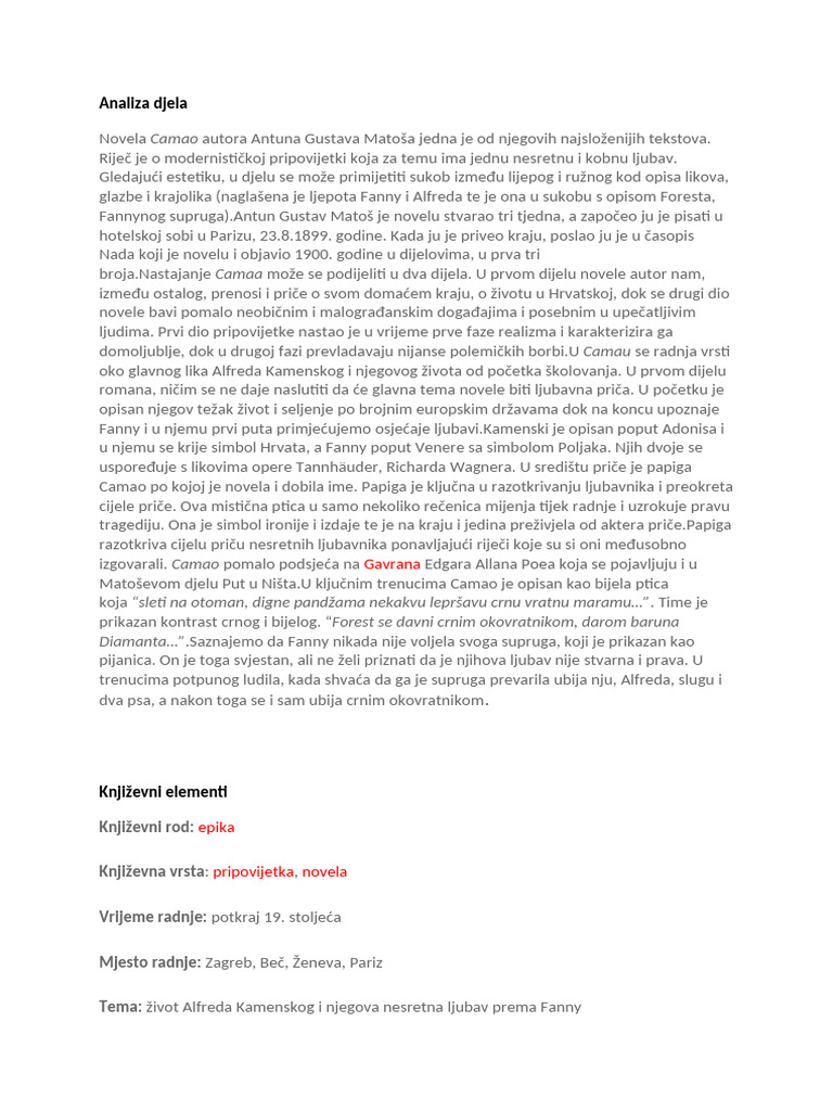 Camao Obrađena Lektira Antuna Gustava Matoša | PDF