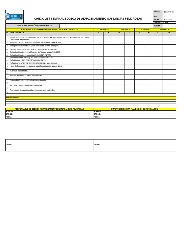 Check List Almacenamiento Sustancias Peligrosas | PDF