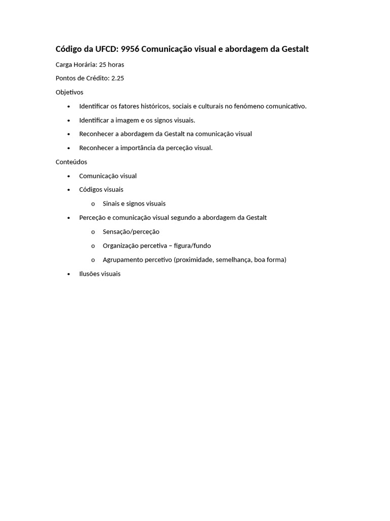 Planificação UFCD 9956 - Comunicação Visual e Abordagem Da Gestalt | PDF