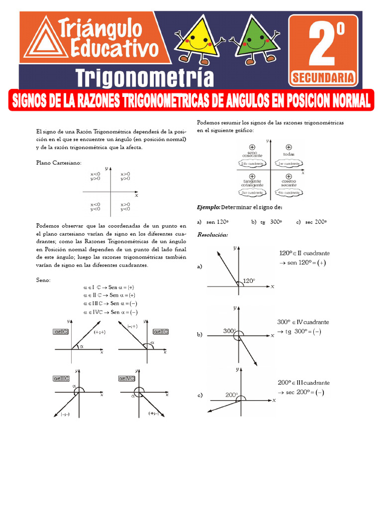 Signos de La Razones Trigonometricas de Angulos en Posicion Normal Para ...