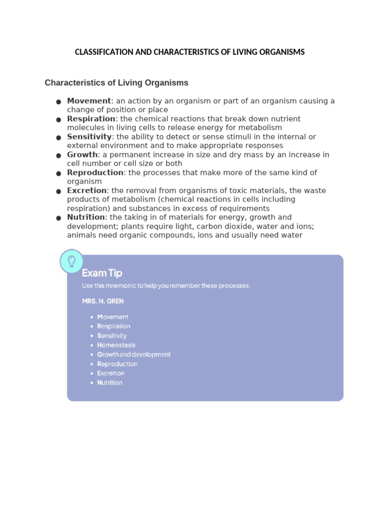 Classification and Characteristics of Living Organisms Notes | PDF ...