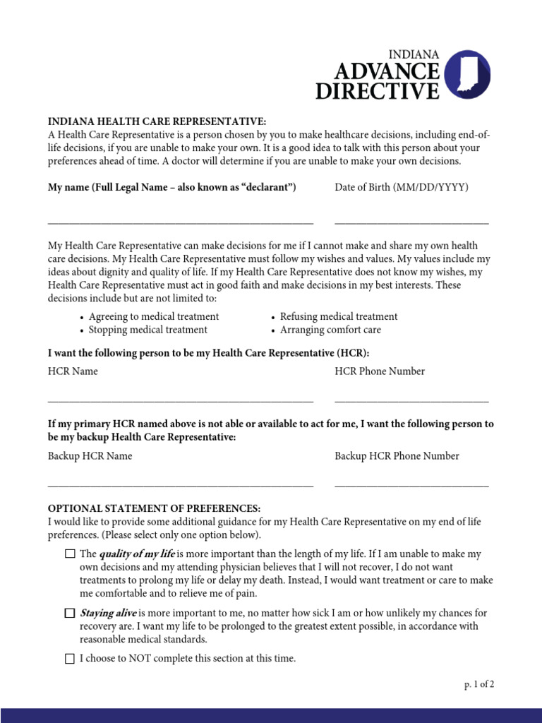 Indiana Health Care Representative Appointment Form 56184 | PDF