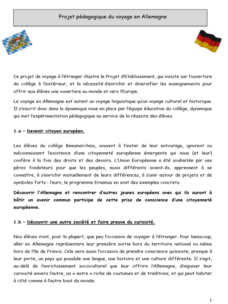 Projet Pedagogique Pour Le Voyage en Allemagne | PDF
