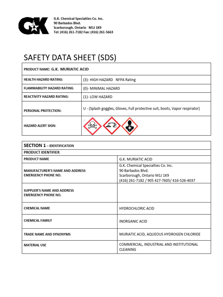 Safety Data Sheet (SDS) :: G.K. Muriatic Acid | PDF