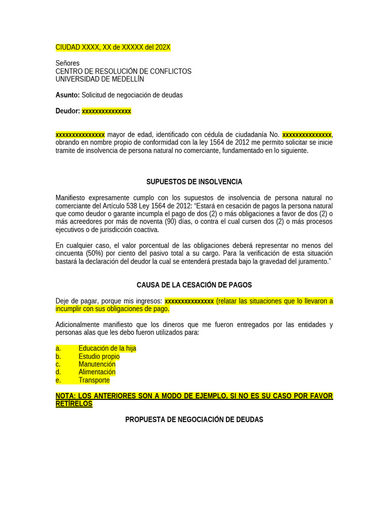 Modelo Solicitud de Negociacion de Deudas Persona Natural | PDF