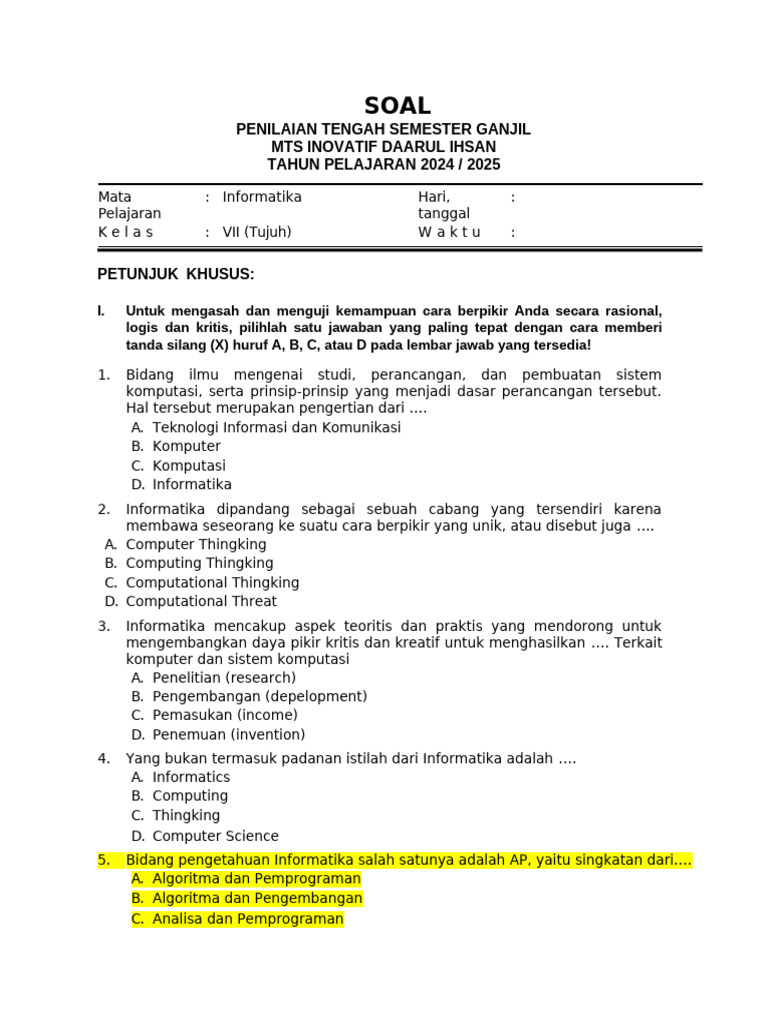 Soal PTS GSL 7 - Informastika | PDF