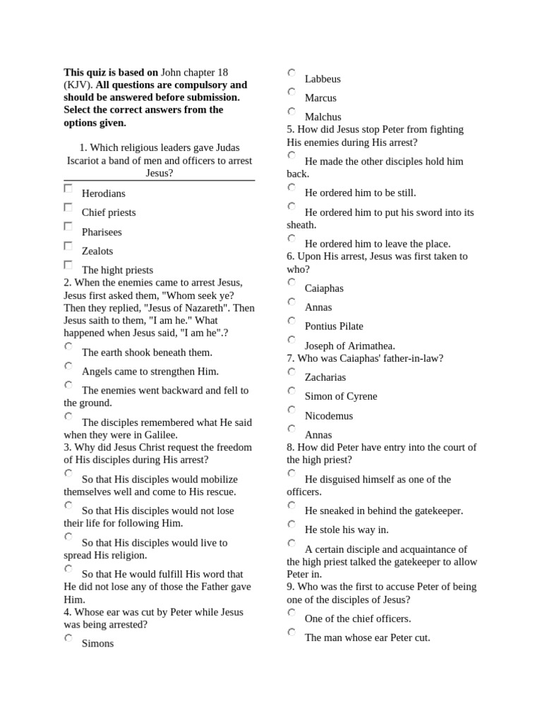 Quiz On John Chapter 18-21 | PDF | Jesus | Resurrection Of Jesus