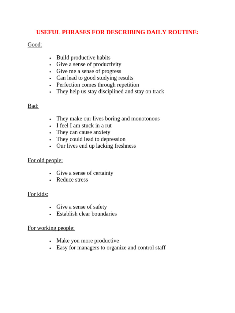 Useful Phrases For Describing Daily Routine | PDF