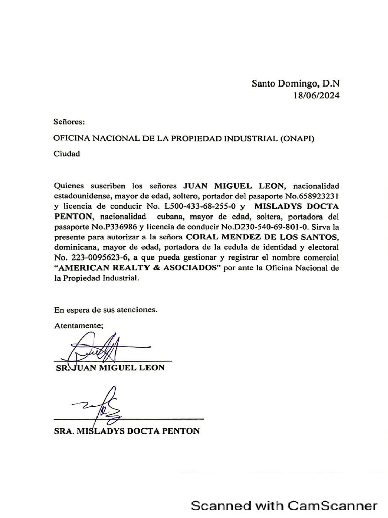 Carta Comercial Onapi de (American Real | PDF