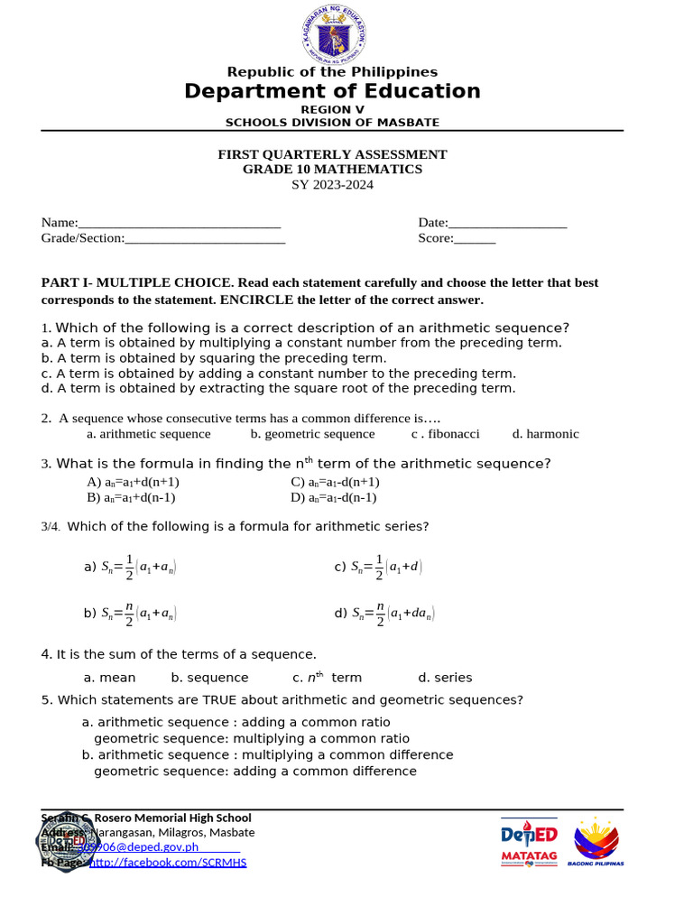 1st Quarter Exam in Math 10 | PDF