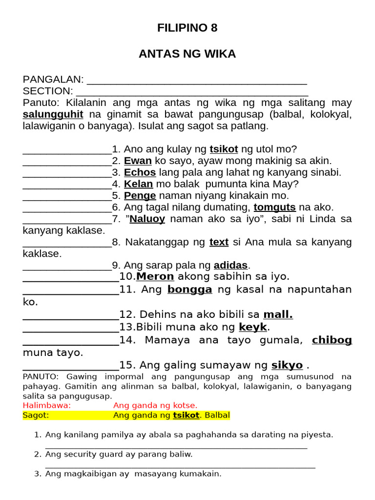 Filipino 8 - Antas NG Wika Quiz 2 | PDF