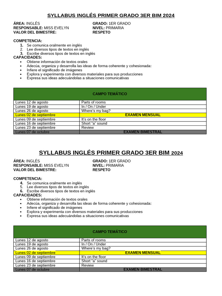 sylabus y fichas 1 2 y 3 grado | PDF