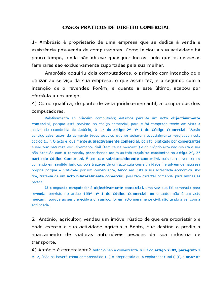 Casos Praticos de Direito Comercial-ACTOS-COMERCIAIS | PDF