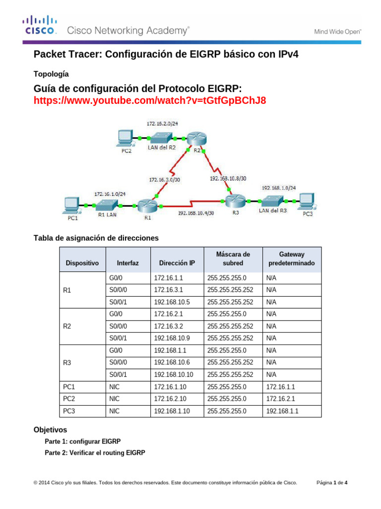 Practica 7.2.2.4 Packet Tracer - Configuring Basic EIGRP With IPv4 Instructions | PDF