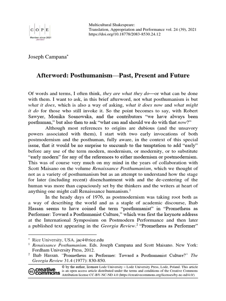 Afterword Posthumanism Past Present and | PDF
