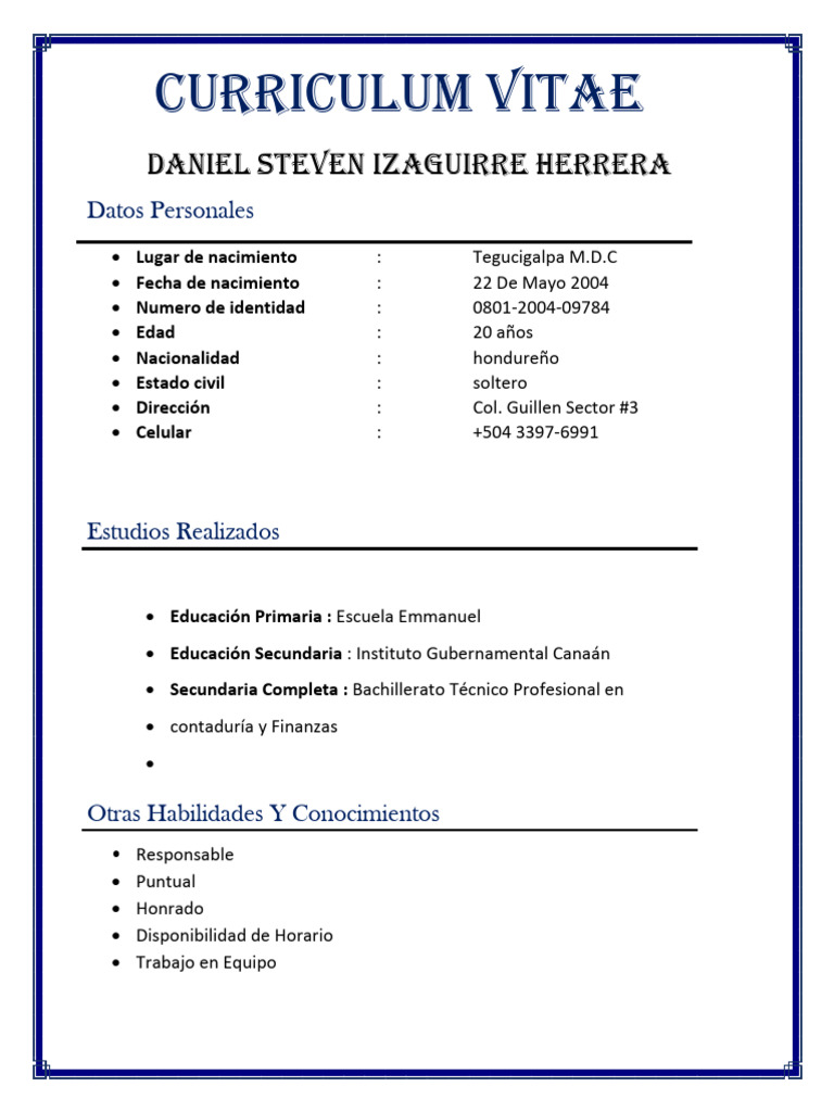 Curriculum Daniel Steven Izaguirre Herrera | PDF