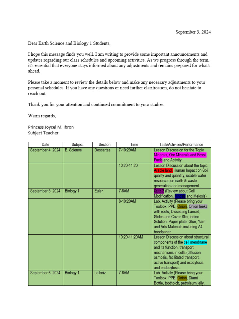 Communication Letter To The Students Subject Schedule of ...