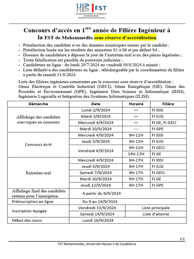 Concours FI FST 2024 2025 | PDF