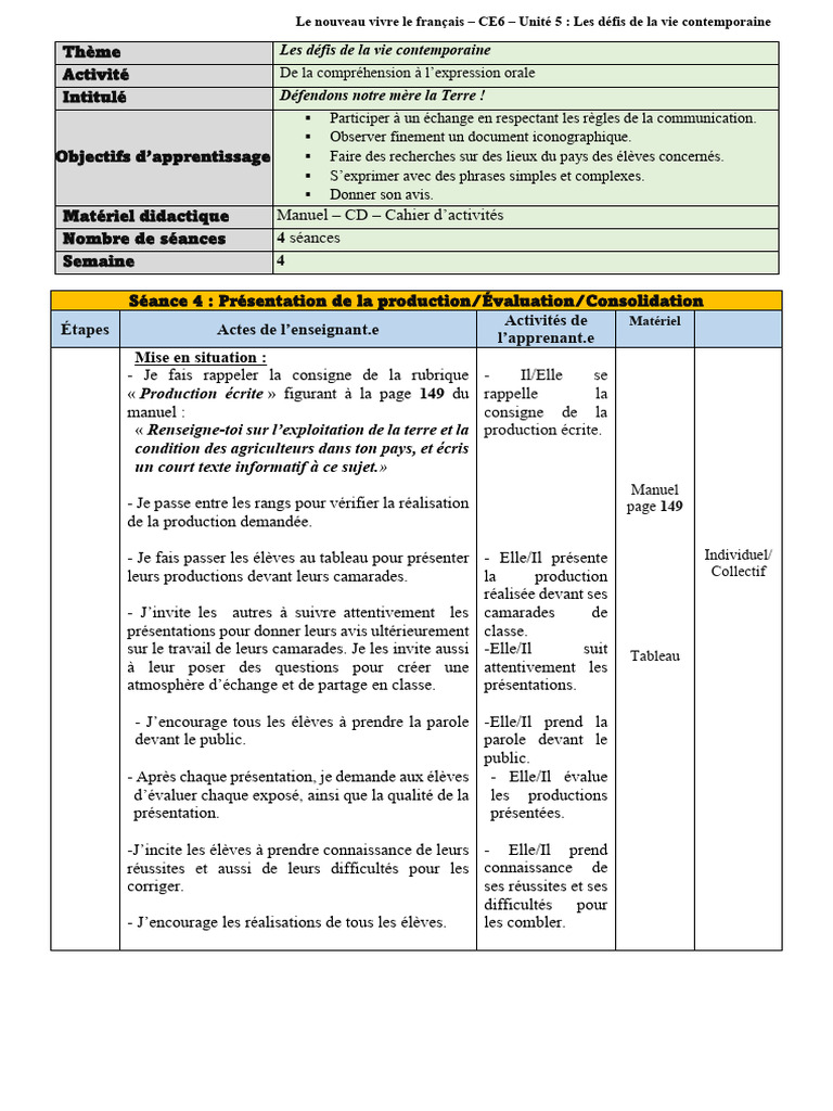 Expression Orale Séance 4 Défendons Notre Mère La Terre ! | PDF