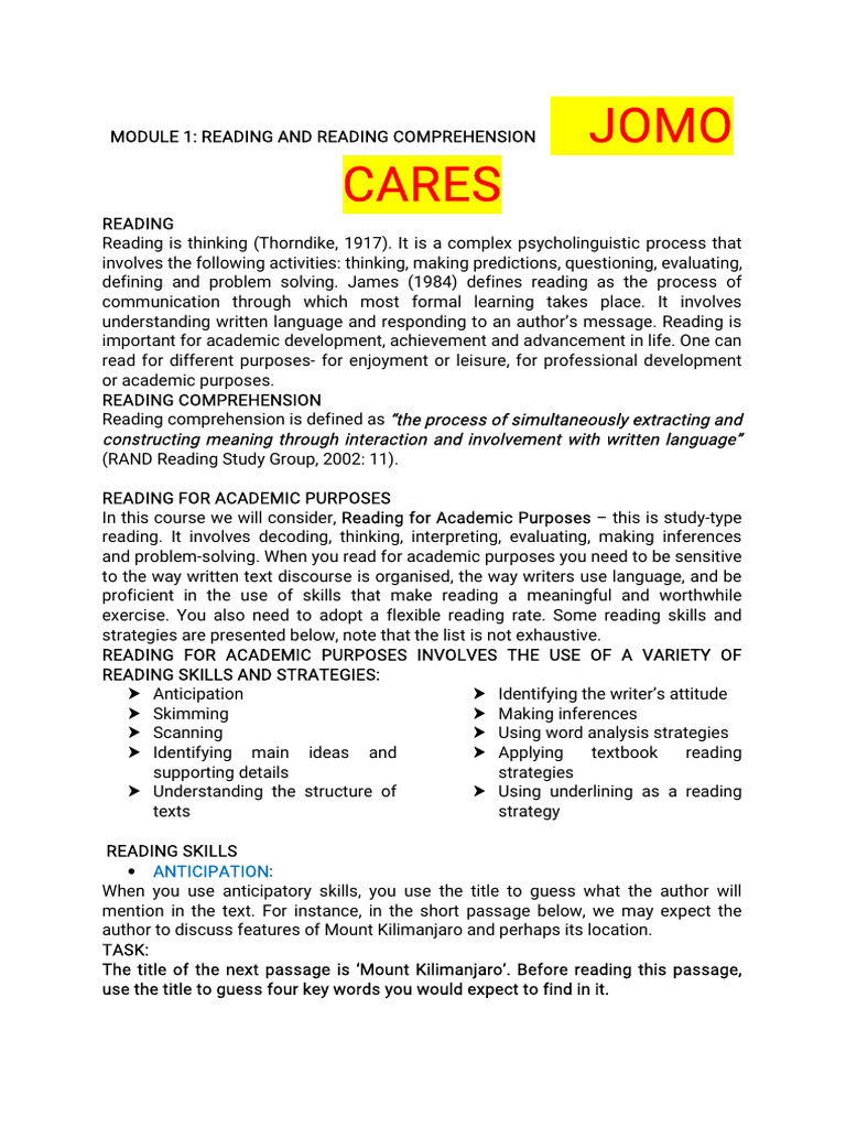 1. Mod 1.2018 Reading and Reading Comprehension | PDF