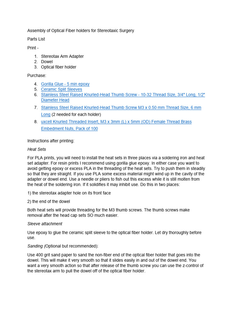 Optical Fiber Holder Parts List and Instructions - Andrew Hardaway | PDF