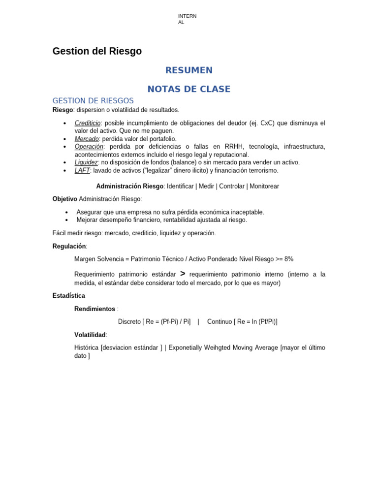 Notas Clase - Gestion Del Riesgo | PDF