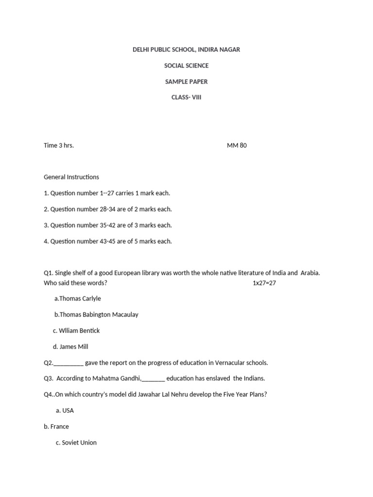 VLLL - SOC - SCI-SAMPLE PAPER | PDF