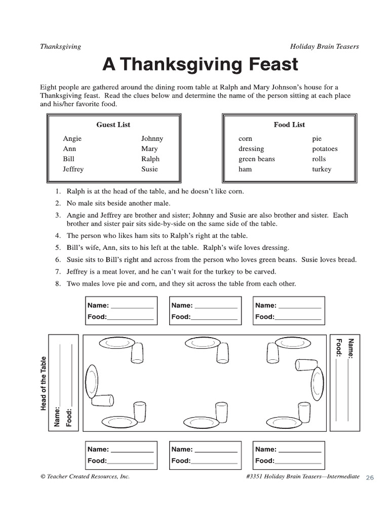 A Thanksgiving Feast Brainteaser | PDF