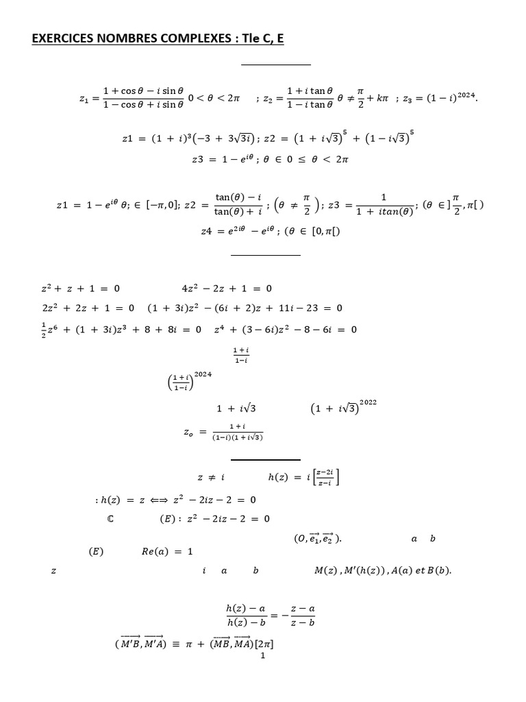 EXERCICES_NOMBRE_COMPLEXE_Tle_C,E[1] | PDF