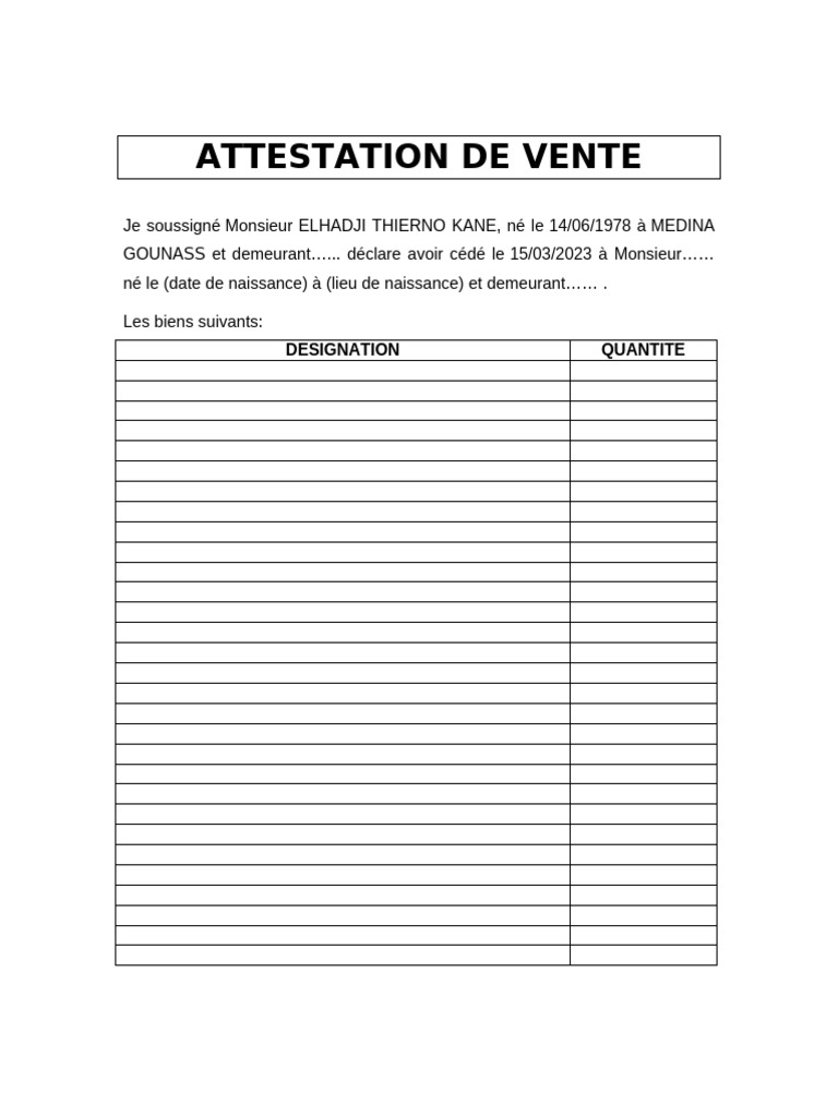 Attestation de Vente | PDF