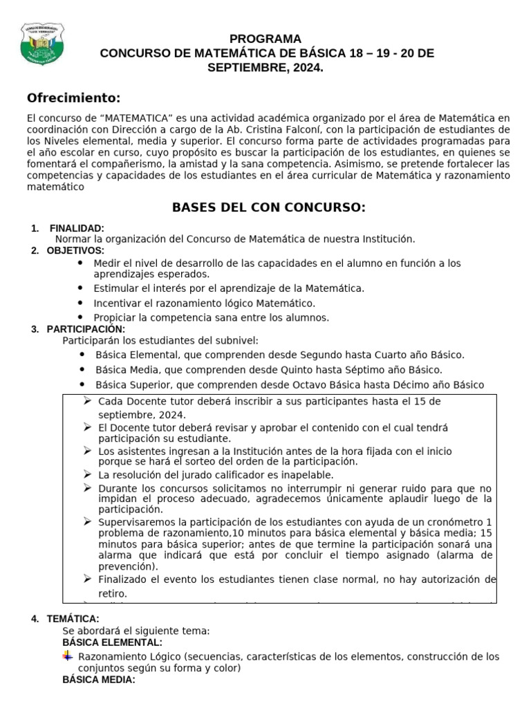 Bases para El Concurso de Matemática 2024-2025 | PDF | Matemáticas