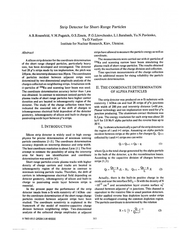 Strip Detector for Short-range Particles - Rosenfield 1991 | PDF