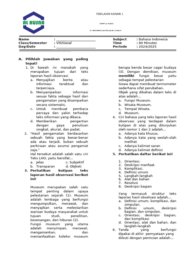 Soal PH1 24 - Bahasa Indonesia Kelas 9 | PDF