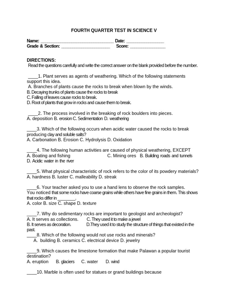 Fourth Quarter Test in Science V | PDF