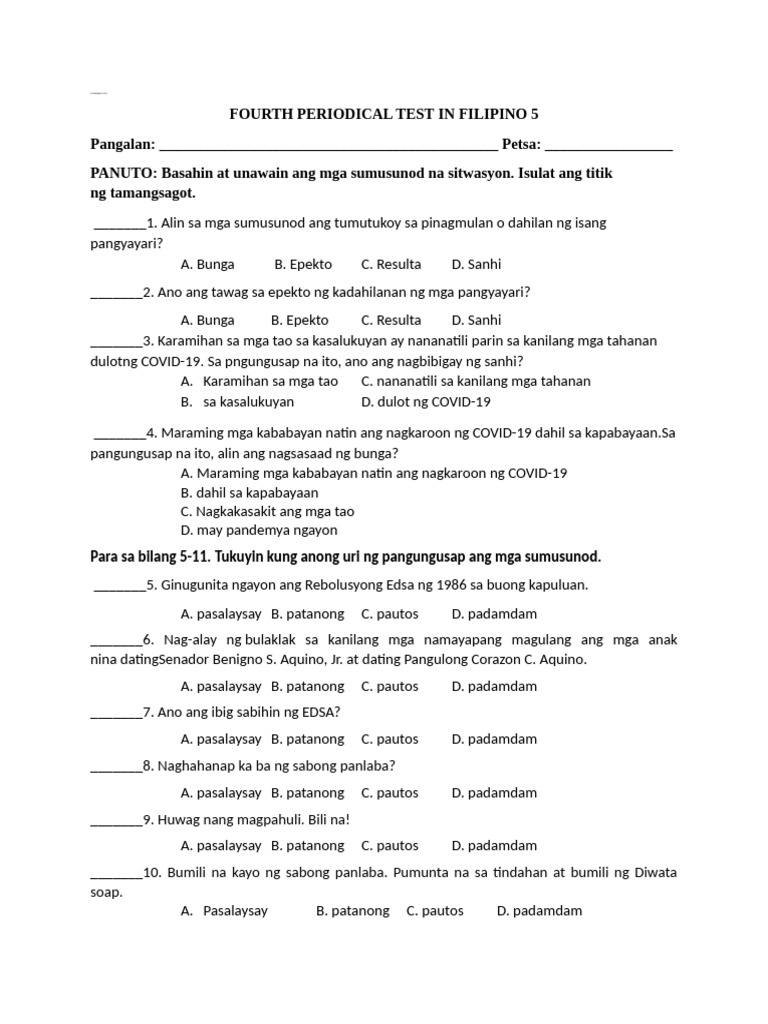 Filipino 5 Test Paper | PDF