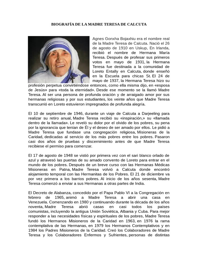 Biografía de La Madre Teresa de Calcuta | PDF