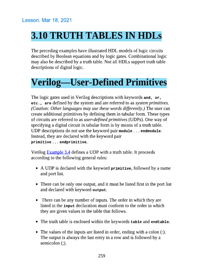 Truth Tables in Verilog HDL and Example 3.4 | PDF