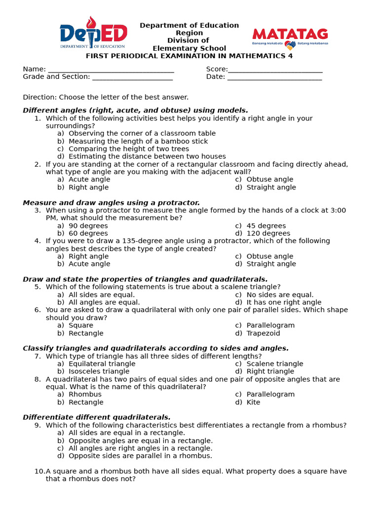 Q1 G4 Exam Math | PDF