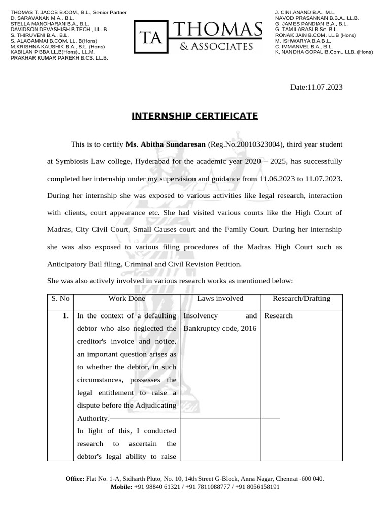 Revised Internship Certificate Thomas Advocates 2 | PDF